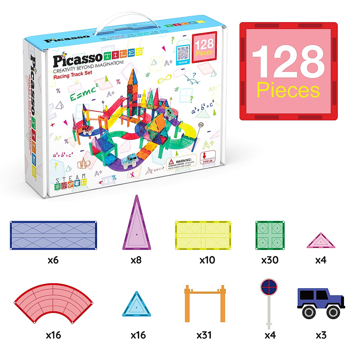 PicassoTiles 128 Piece Race Car Track Building Block Educational Toy Set Magnetic Tiles Magnet Playset 3 LED Car STEM Learning Construction Kit Hand-Eye Fine Motor Skill Training Brain Development