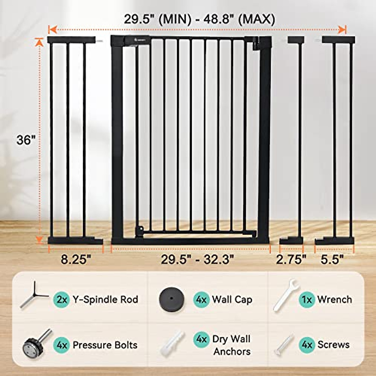 COMOMY 36" Extra Tall Baby Gate for Stairs Doorways, Fits Openings 29.5" to 48.8" Wide, Auto Close Extra Wide Dog Gate for House, Pressure Mounted Easy Walk Through Pet Gate with Door, Black