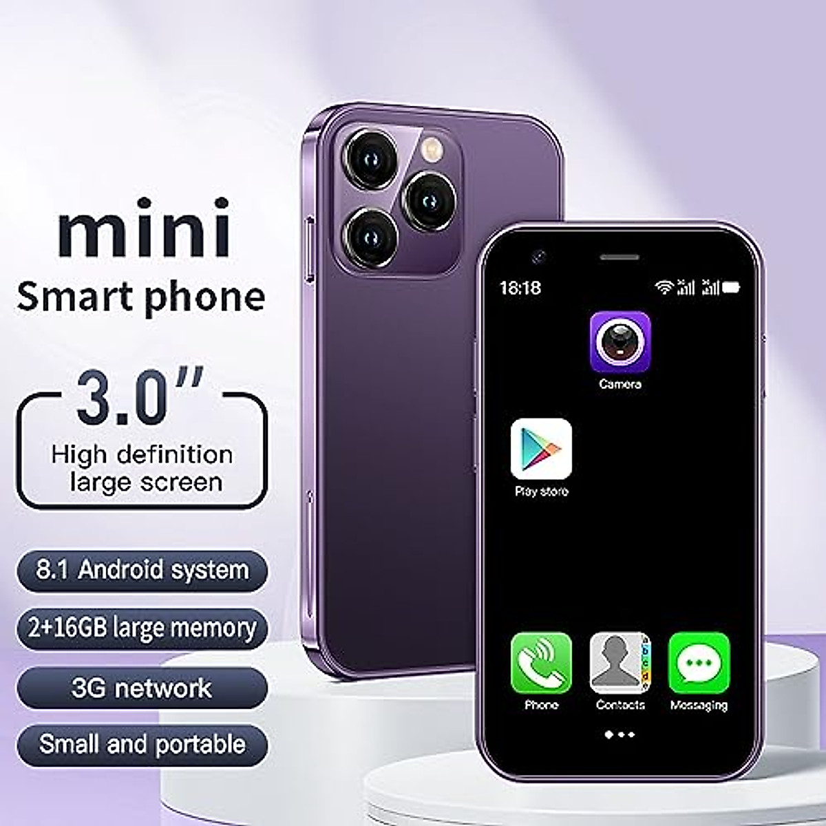 Yunseity Mini Smartphone Unlocked, SOYES XS15 WiFi Smartphone Quad Core for Android 8.1, 2GB RAM 16GB ROM, Ultra Thin Body HD Camera Backup Cellphone, Dual SIM Card & Dual Cameras (Violet)