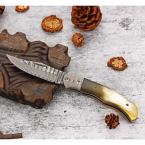 YOUSUNLONG Folding Knife - Overall 176mm - Japanese Damascus Steel Blade - Natural Bull Horn Handle with Leather sheath and natural walnut wooden knife box for camping hiking fishing