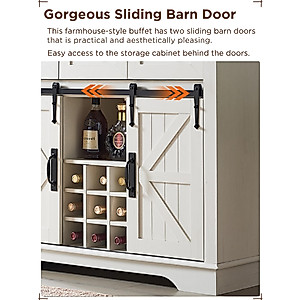 OKD 72" Farmhosue Bar Cabinet with Sliding Barn Door, Large Kitchen Buffet with Hutch w/Wine & Glasses Rack, 3 Drawers, 12 Storage Shelves, Rustic Coffee Bar Sideboard Table, Antique White