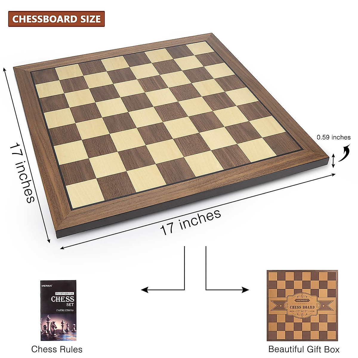 AMEROUS 17 Inches Wooden Chess Board Only, Professional Tournament Chess Board Large with Gift Package - Chess Rules, Beginner Chess Board Game for Kids, Adults