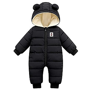 Happy Cherry Baby Infant Down Jumpsuit One Piece Windproof Jacket Hooded Zipper Romper Winter Puffer Snowsuit Soft One Piece Warm Coat for Boys Girls Black 12-18 Months