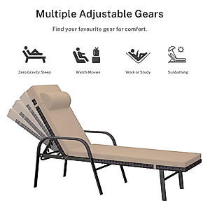 Trumbeak Patio Chaise Lounge Set 3 Pieces Pool Lounge Chairs,Cushioned Outdoor Folding Lounge Chair w/Arm and Rattan Adjustable Backrest for Poolside Porch,Folding Table Included,Sand