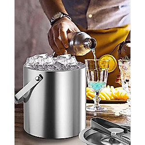 AYOTEE Double Wall Ice Bucket with Lid, Ice Tongs and Strainer,3.3L Insulated Ice Bucket for Cocktail Bar, Wine, Home Bar Accessories, Parties, Champagne Bucket