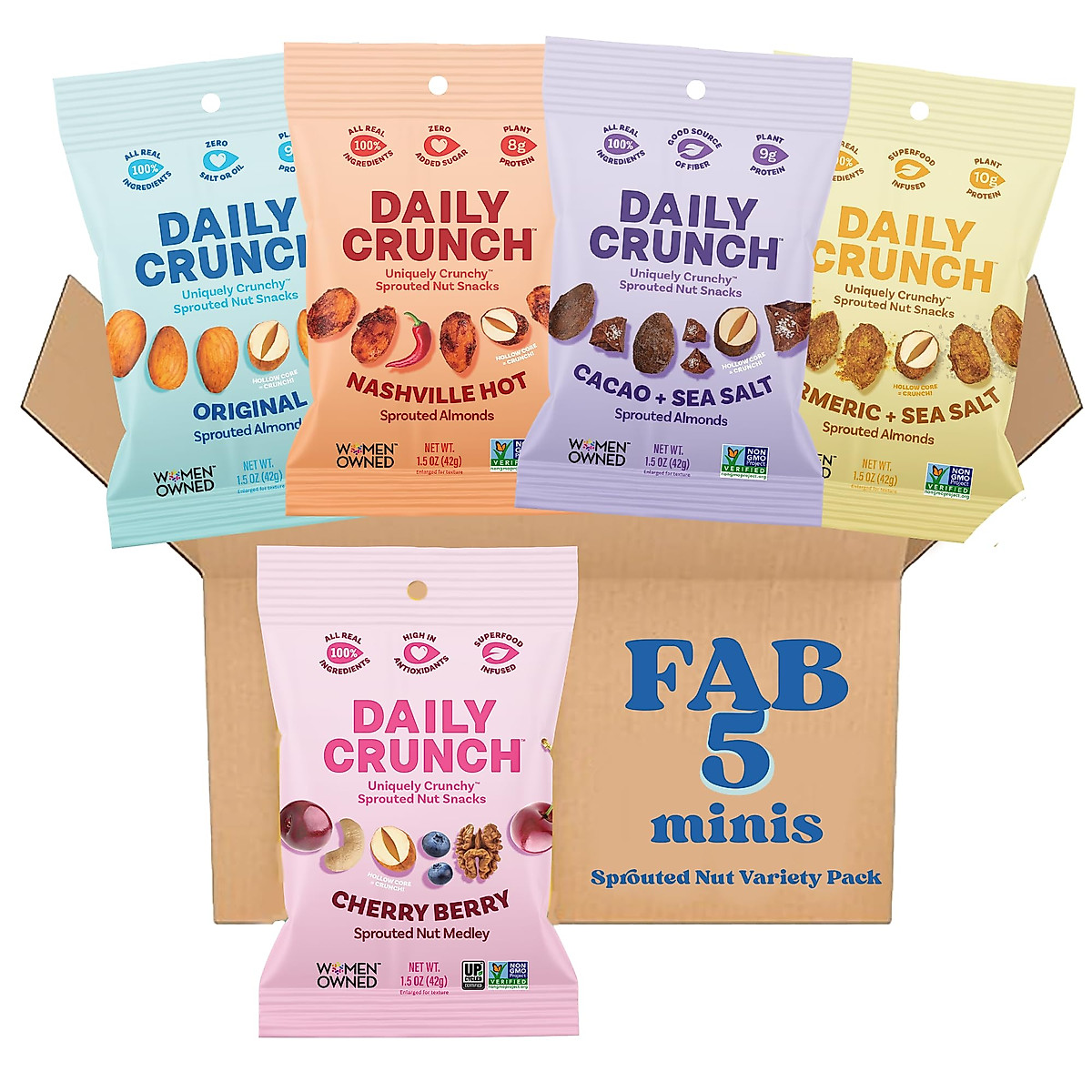 Daily Crunch Sprouted Almonds, 1.5 Ounce Mini, On-The-Go Bags (Variety Pack, 5 Pack) Contains: Original Sprouted, Cherry Berry, Golden Goodness, Cacao and Sea Salt, Coffee Coconut