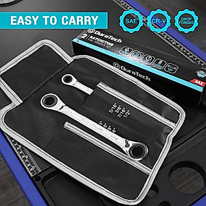 DURATECH 4-in-1 Reversible Ratcheting Box Wrench Set, Double Box End, SAE, 2-Piece, 5/16, 3/8, 7/16, 1/2 & 9/16, 5/8, 11/16, 3/4-Inch, CR-V Steel, Mirror Polished, with Rolling Pouch