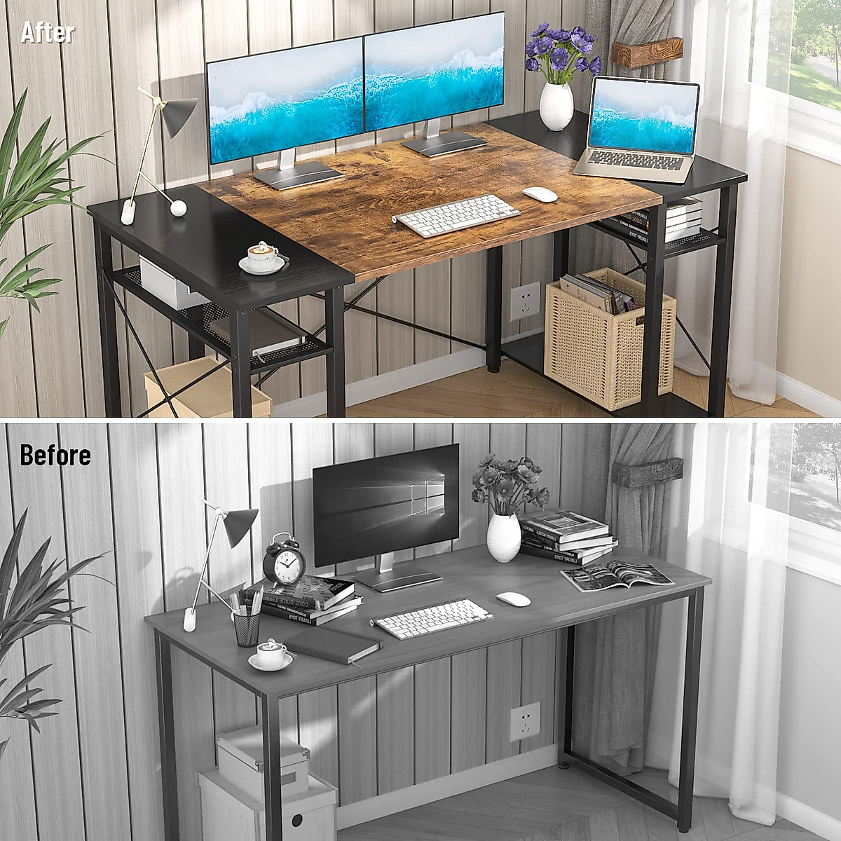 Ecoprsio 55 Inch Computer Desk, Large Office Desk with 4 Storage Shelves, 55'' Study Writing Table with CPU Stand, Sturdy PC Desk for Home Office, Bedroom, Gaming Room, Rustic and Black