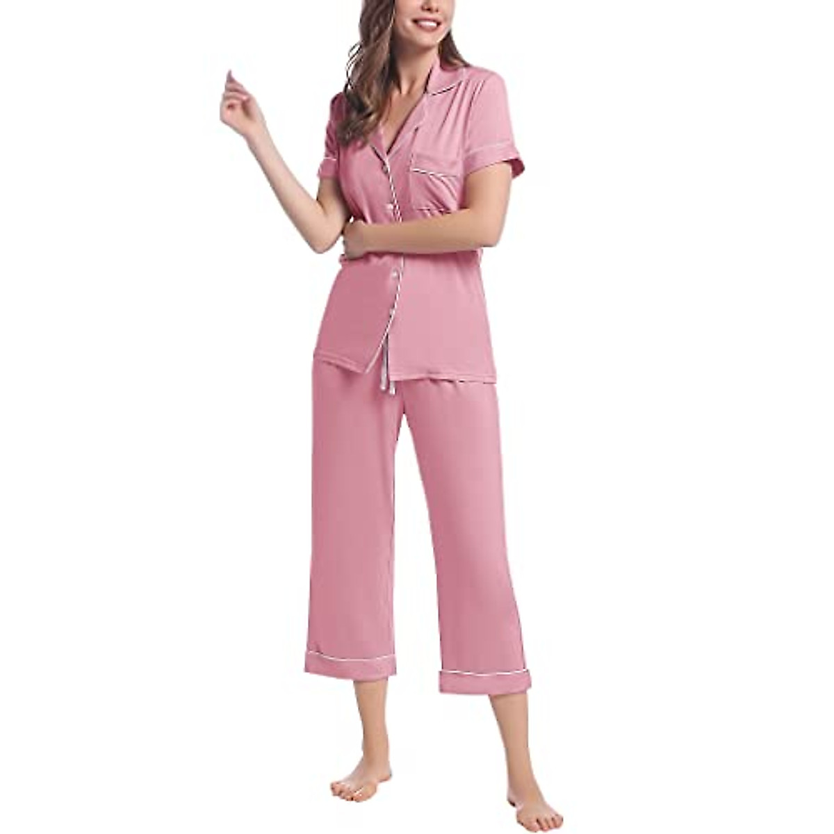 Joyaria Bamboo Pajamas for Women Cooling Capri Pj Sets Short Sleeve(Dusty Pink,Large)