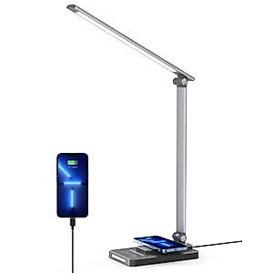 sympa Metal LED Desk Lamp, 12W Desktop Office Lamp, Reading Desk Light with 5V/2A USB Port, 5 Color Temperatures, 6 Brightness Levels, Touch Control for Dorm, Home Office, Bedroom, Living Room Grey