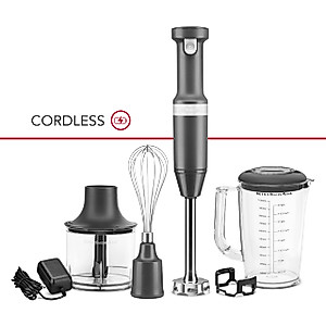 KitchenAid Cordless Variable Speed Hand Blender with Chopper and Whisk Attachment - KHBBV83, Matte Charcoal Grey