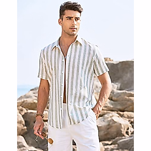 COOFANDY Men's Green Striped Linen Button Up Shirts Short Sleeve Business Casual Shirt