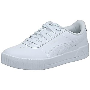 PUMA Womens Carina Leather Sneaker, PUMA Womens White-PUMA Womens White-PUMA Womens Silver, 6.5
