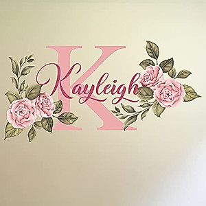 Name and Initial Peonies Wall Decal - Kids Wall Decor - WM33. Custom Name Removable Nursery Wall Decal for Girl - Flower Mural Wall Decal for Girls Bedroom