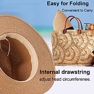 MEINICY 3PCS Womens Wide Brim Beach Hat Roll up Panama Straw Sun Hat Fedora Summer UV Protection Floppy Hat (Black+Brown+Beige)