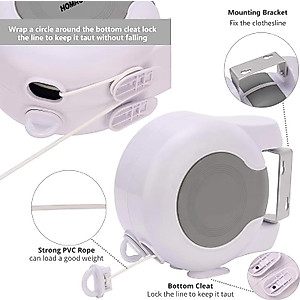 Retractable Clothesline 2x49 Feet Outdoor Indoor, Dual Heavy Duty Clotheslines for Laundry Drying, Wall-Mounted Portable Easy Installation Washing Lines Rope (White-98FT)