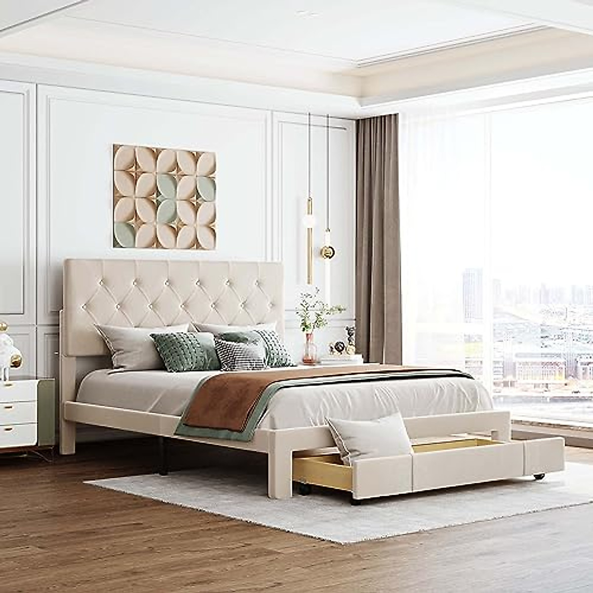 Queen Size Velvet Upholstered Platform Bed Frame with Headboard & Storage Drawer, Platform Bed with Sturdy Wooden Slats Support, No Box Spring Needed for Bedroom Small living Space (Beige, Queen)