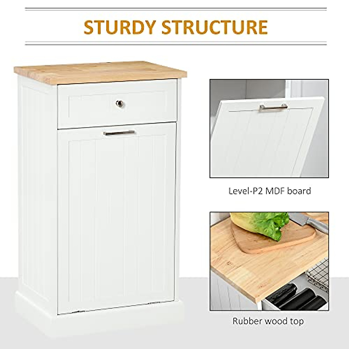 HOMCOM Kitchen Tilt Out Trash Bin Cabinet Free Standing Recycling Cabinet Trash Can Holder with Drawer, White Oak