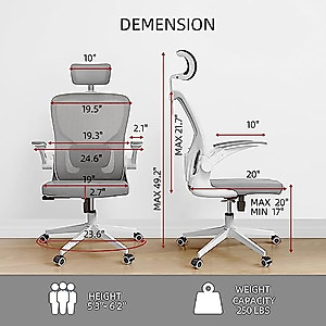Monhey Ergonomic Office Chair, Home Office Desk Chairs with Adjustable Headrest, Lumbar Support, 2D Armrest, Big and Tall Office Chair 220lbs Heavy Duty Office Chair with Metal Base - Grey