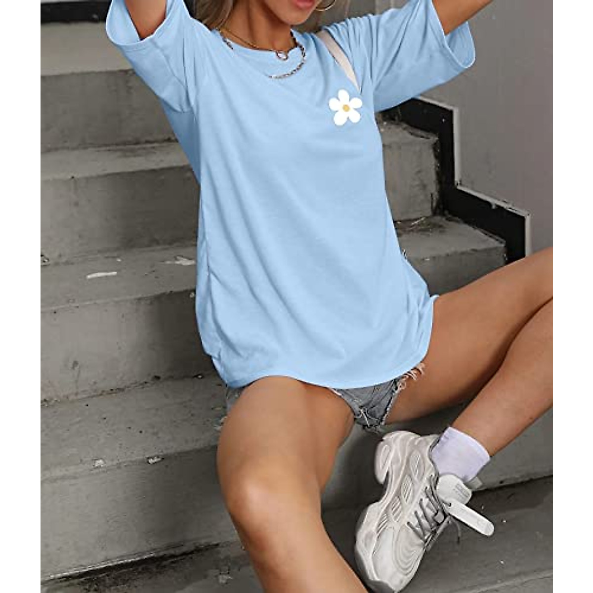 Cioatin Women’s Aesthetic Y2K Oversize Tee Shirt Top Floral Slogan Letter Graphic Drop Shoulder Short Sleeve Tshirt Sky Blue