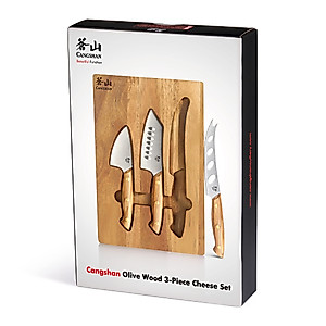 Cangshan 1027327 3-Piece Olive Wood Cheese Knife Set with Acacia Cheese Board