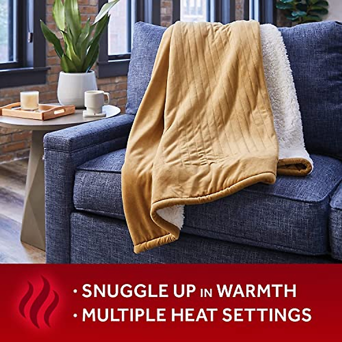 Sunbeam Royal Mink Sherpa Honey Heated Personal Throw / Blanket, Cozy-Warm, Adjustable Heat Settings