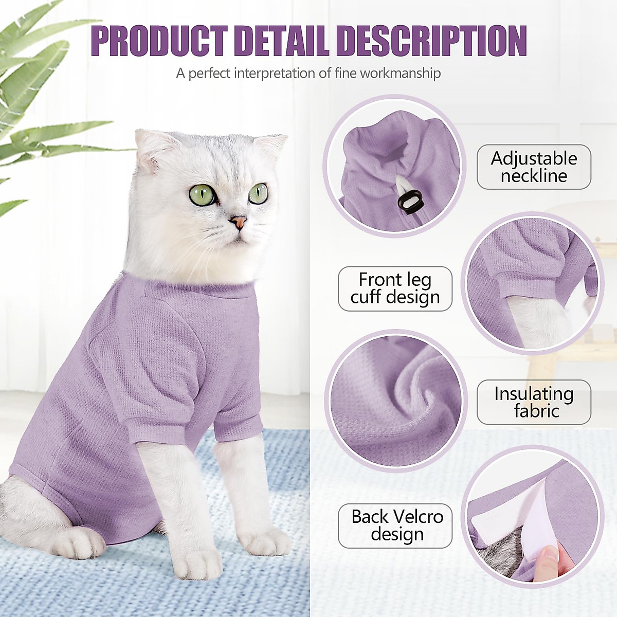 Cat Recovery Suits, Onesie for Cat Pet Wound Care After Surgery,The E-Collar Alternative for Post-Operative Care Bandages Post-Surgery Wear (Light Purple, S)