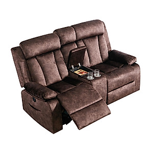 GUEAPY Fabric Reclining Loveseat, Power Reclining Loveseat with Console, Double Recliner Loveseat with Heat and Massage, Cup Holders, USB & Type-C Charge Ports for Living Room (Brown)