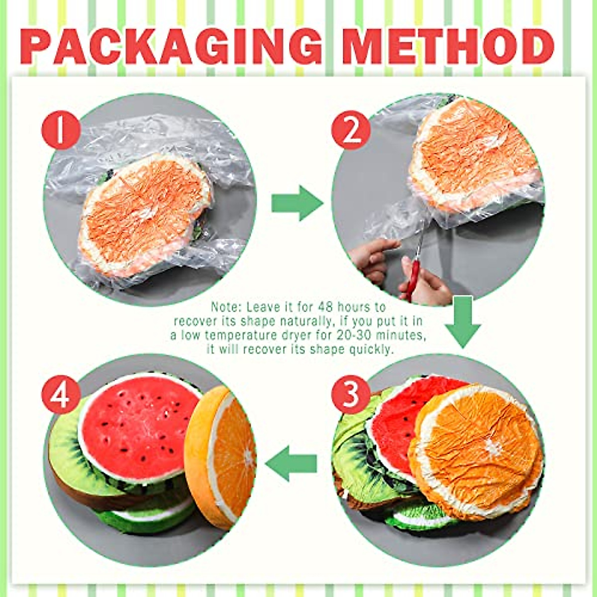 Coume 4 Pcs 15.7 Inch Round Fruit Pillows Stuffed Throw Pillows 3D Watermelon Kiwi Lemon Orange Decorative Floor Cushions Chair Toy Seat Floor Seat Cushions for Kids Couch Sofa Classroom