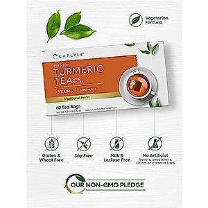 Turmeric Tea with Ginger | 60 Tea Bags | Caffeine Free | Non-GMO & Gluten Free Herbal Tea Supplement | by Carlyle
