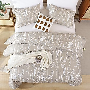 JANZAA California King Comforter Set 3 PCS Bedding Sets Oatmeal Floral Comforter Plant Flowers Printed on Fluffy Comforter with 2 Pillow Cases for All Season