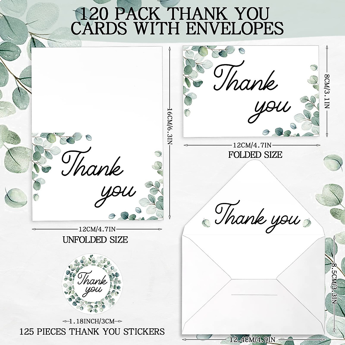 245 Pack Thank You Cards with Envelopes and Stickers Greenery Thank You Cards Thank You Notes Greeting Cards Blank Note Cards for Wedding, Bridal Shower, Baby Shower and All Occasions
