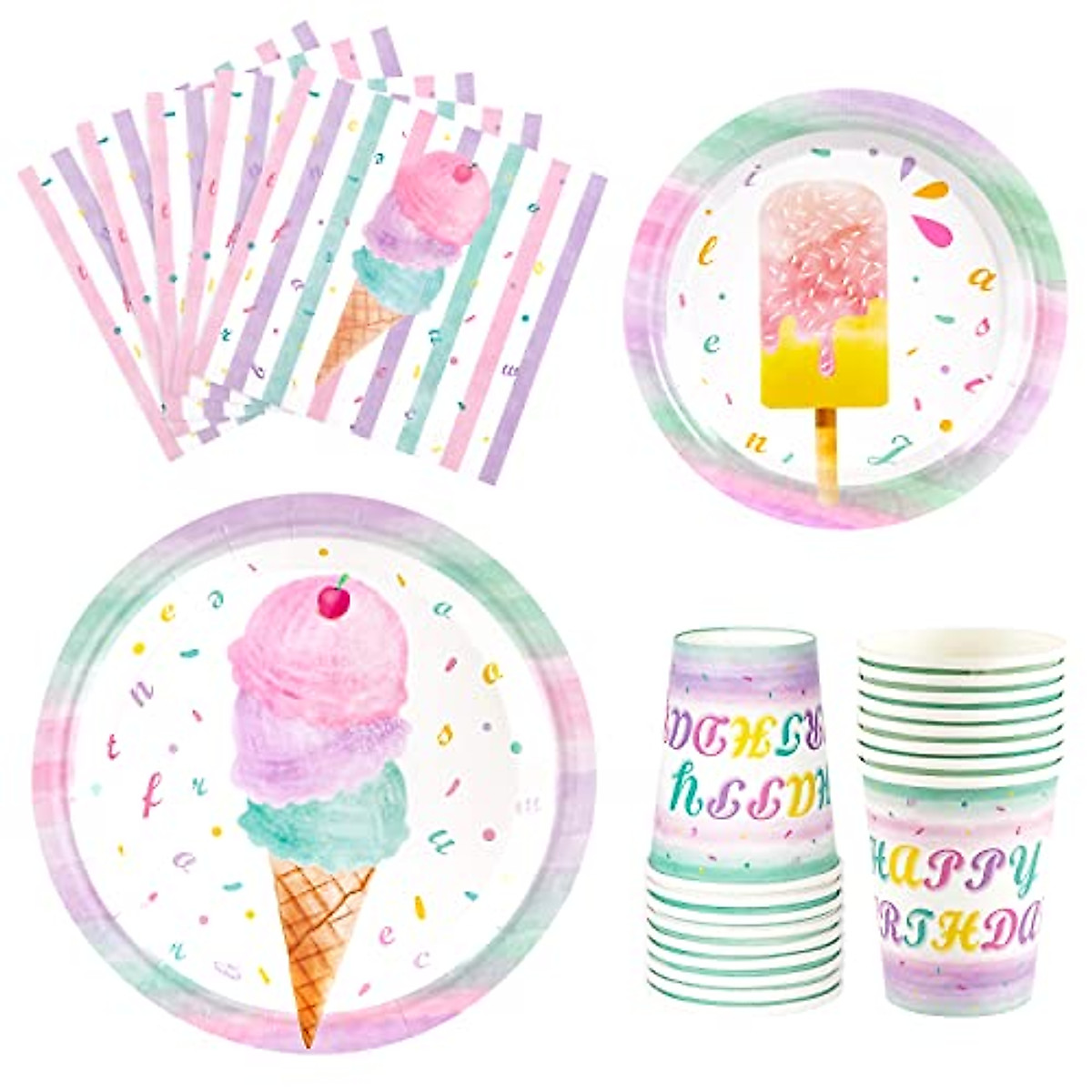 WERNNSAI Ice Cream Plates Napkins and Cups - Ice Cream and Popsicle Theme Party Supplies for Girls Birthday Disposable Tableware Dessert Plates Luncheon Napkins Serves 16 Guests 64PCS