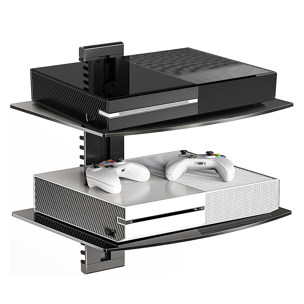 suptek Glass Floating Shelves, TV Wall Mount with Shelf for DVD Player / PS4 / Cable Boxes/Game Consoles/Sky Box/TV Accessories, Media Shelf, Flat Black Wall Mount Bracket, AV Shelf, 2 Tiers Shelves