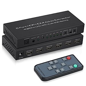 4K@60Hz HDMI Switch 5x1 with Audio Extractor, avedio links 5 Port HDMI Switcher with Optical SPDIF + 3.5mm Audio, 5 in 1 Out HDMI Audio Selector Switch Box with Remote Support HDR10 ARC 18Gbps HDCP2.2