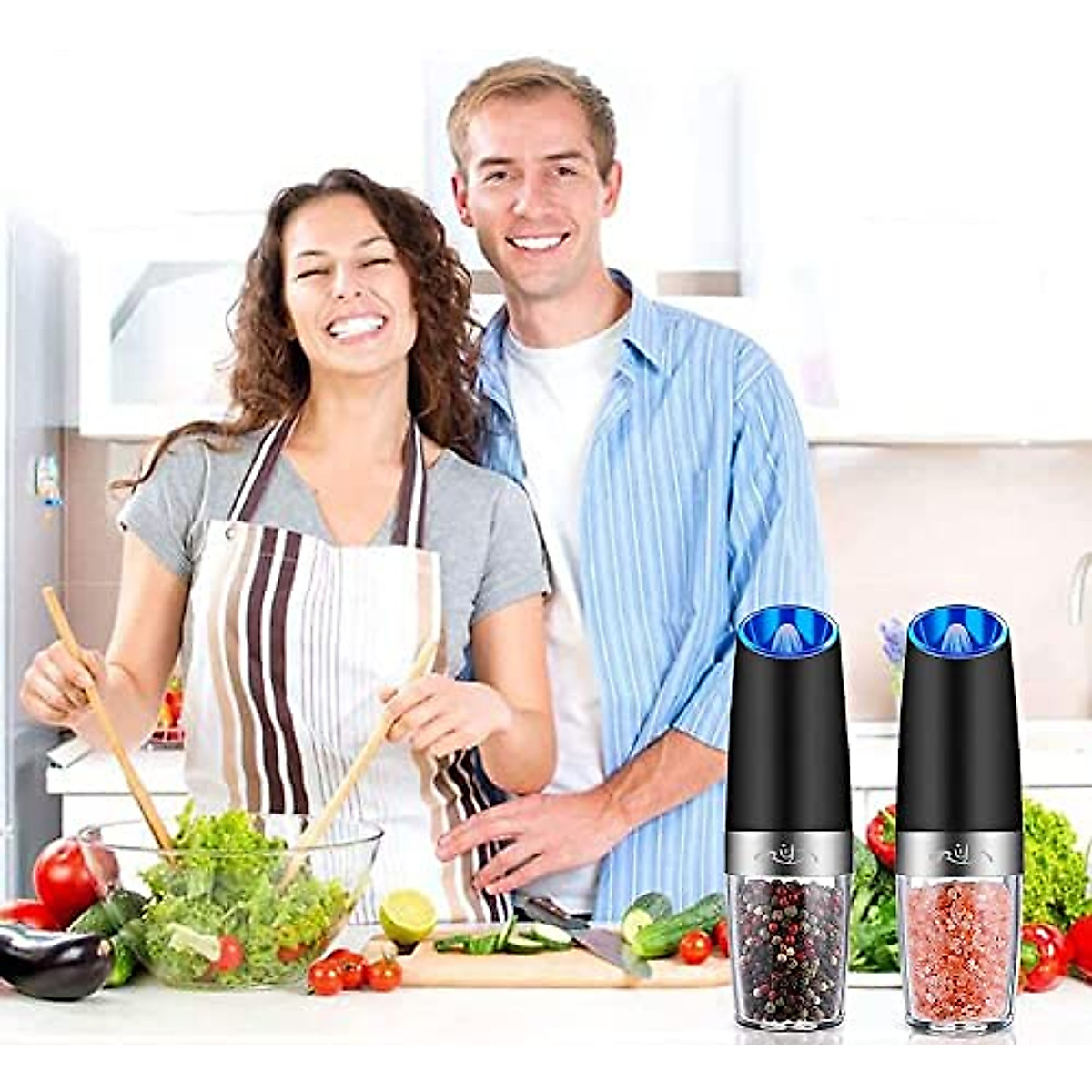 Gravity Electric Salt and Pepper Grinder Set, Automatic Pepper and Salt Mill Grinder Battery-Operated with Adjustable Coarseness, LED Light, One Hand Operated By Rongyuxuan