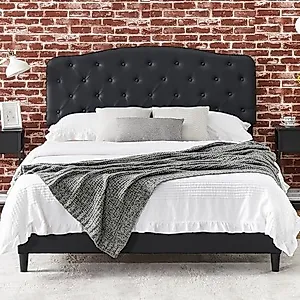 GAOMON Queen Size Platform Bed Frame with Button Tufted Headboard, Faux Leather Upholstered Mattress Foundation, Wooden Slat Support, No Box Spring Needed, Black