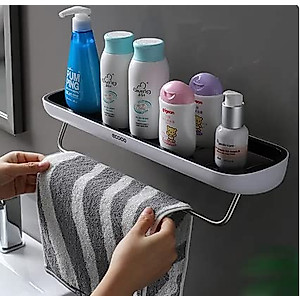Floating Bathroom Organizer - Wall Mounted Shower Caddy Shelf - With Towel Rail - Extra Strong Self Adhesive - No Drilling - Easy Drainage - Rustproof. (White/Black)