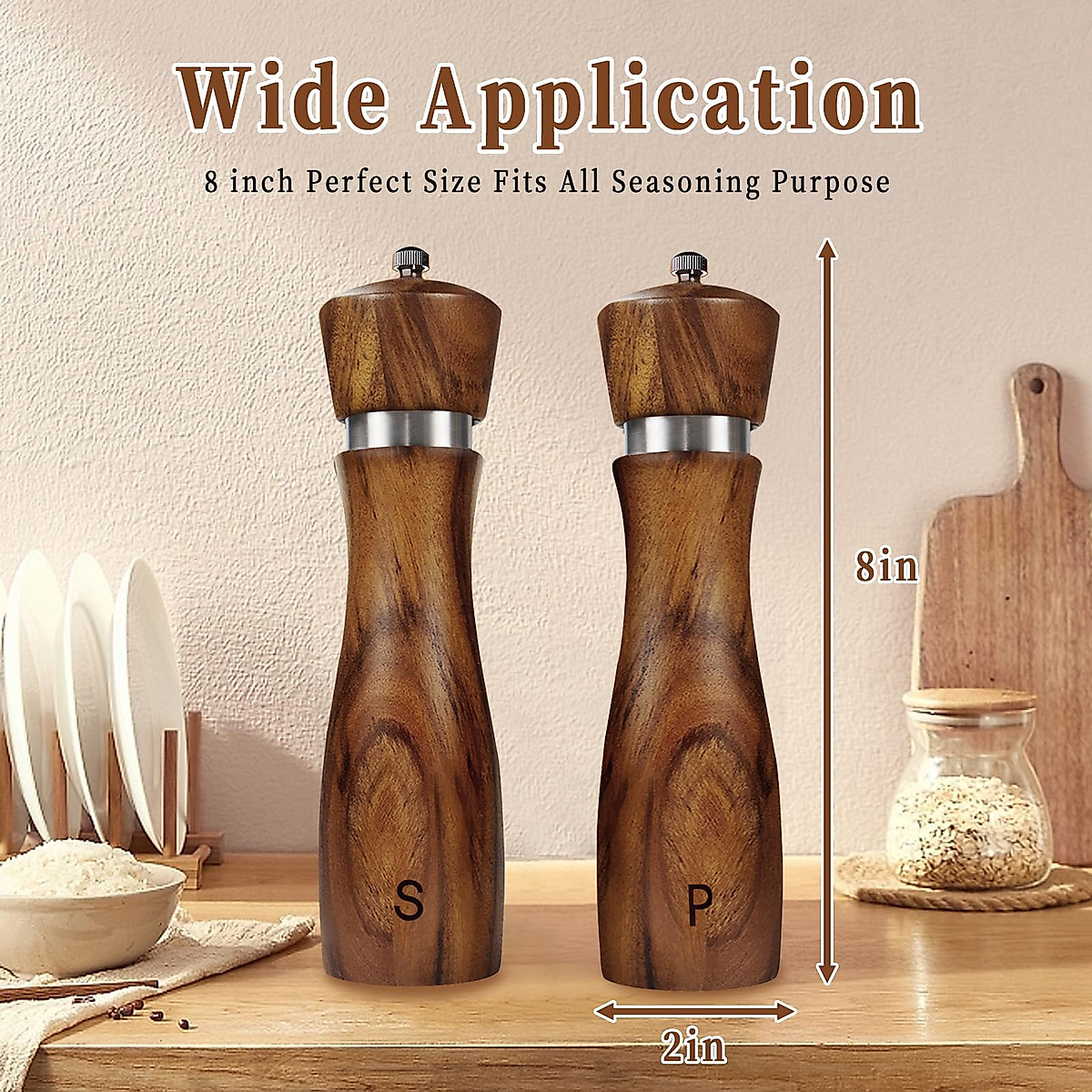 2 Pack Salt and Pepper Grinder Set, Acacia Wood Salt Mill Pepper Grinder with Ceramic/Stainless Steel Core, Modern and Elegant Wooden Salt and Pepper Set