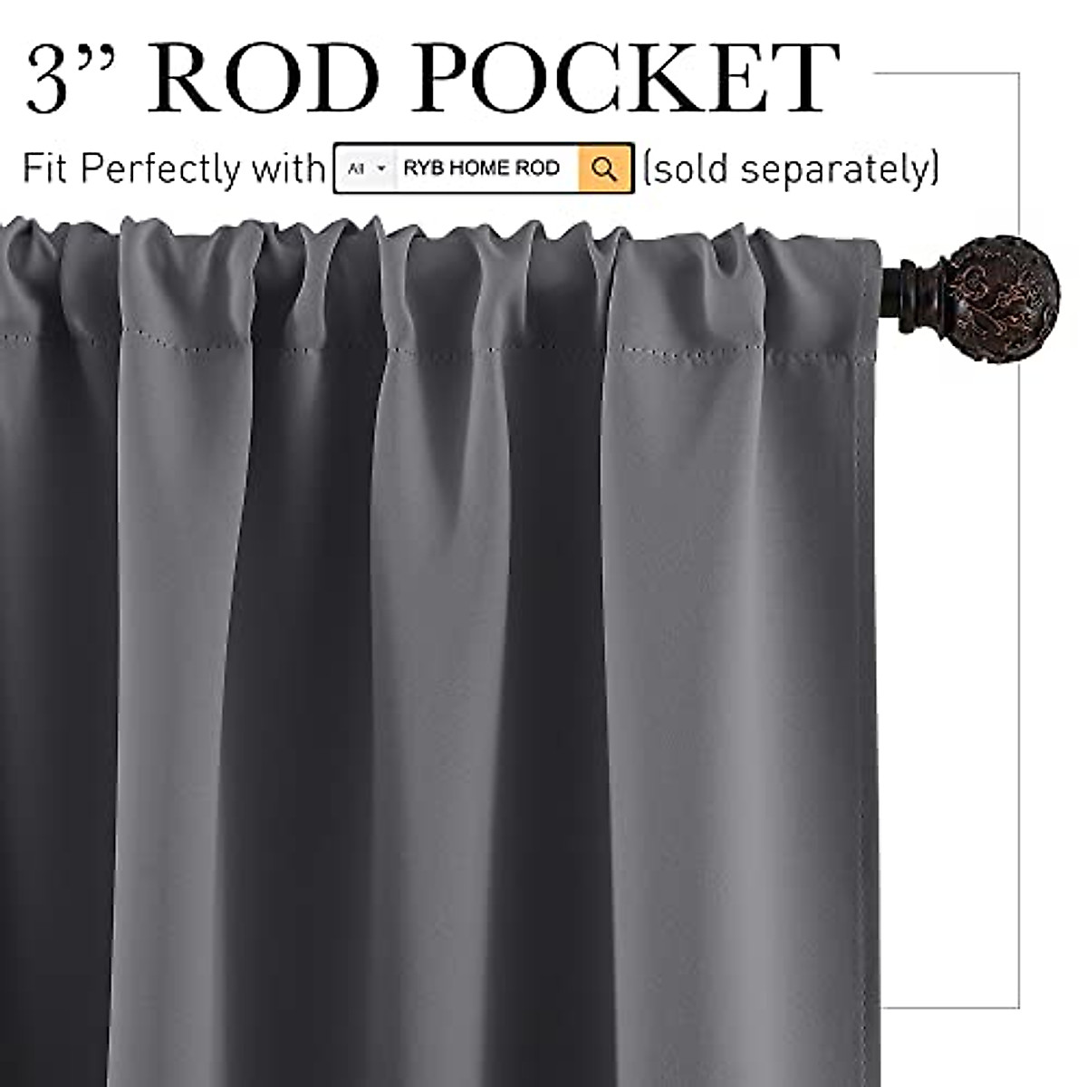 RYB HOME Blackout Curtains for Bedroom, Small Window Valances Tiers Curtain Set Light Block Privacy Drapes for Kitchen Kids Nursery Bathroom, W 52 x L 36 per Panel, Grey, 1 Pair
