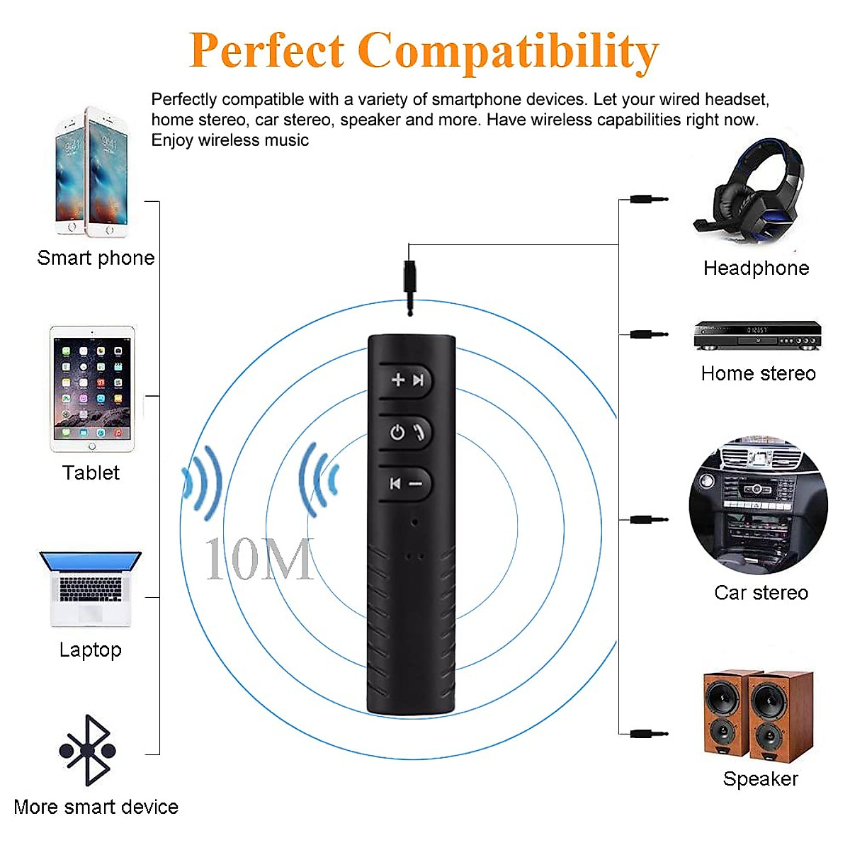 Bluetooth V5.0 Output Audio Receiver, KINDRM Mini Wireless 3.5mm Jack Aux Adapter Portable for Headphones, Speakers, Car/Home Stereo System(Black)