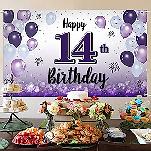 LASKYER Happy 14th Birthday Purple Large Banner - Cheers to Fourteen Years Old Birthday Home Wall Photoprop Backdrop,14th Birthday Party Decorations.