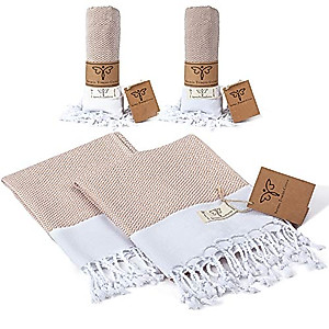 Smyrna Original Turkish Hand Towels Orientina Series Set of 2 | 100% Cotton, 16 x 40 Inches | Decorative Bathroom Peshtemal Towel for Hand, Face, Hair, Gym, Yoga, Tea, Kitchen and Bath (Latte)