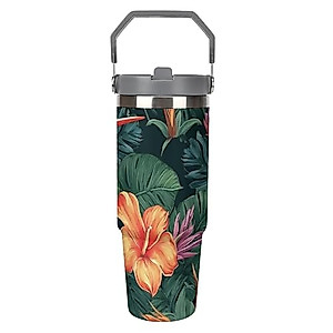 BWQJKUO Large Capacity Car Cup 30 Oz Stainless Steel Tropical Plant Bird Flowers Printed Travel Mug Leak-proof Flip Straw Tumbler with Handle,keeps Cold Or Ho