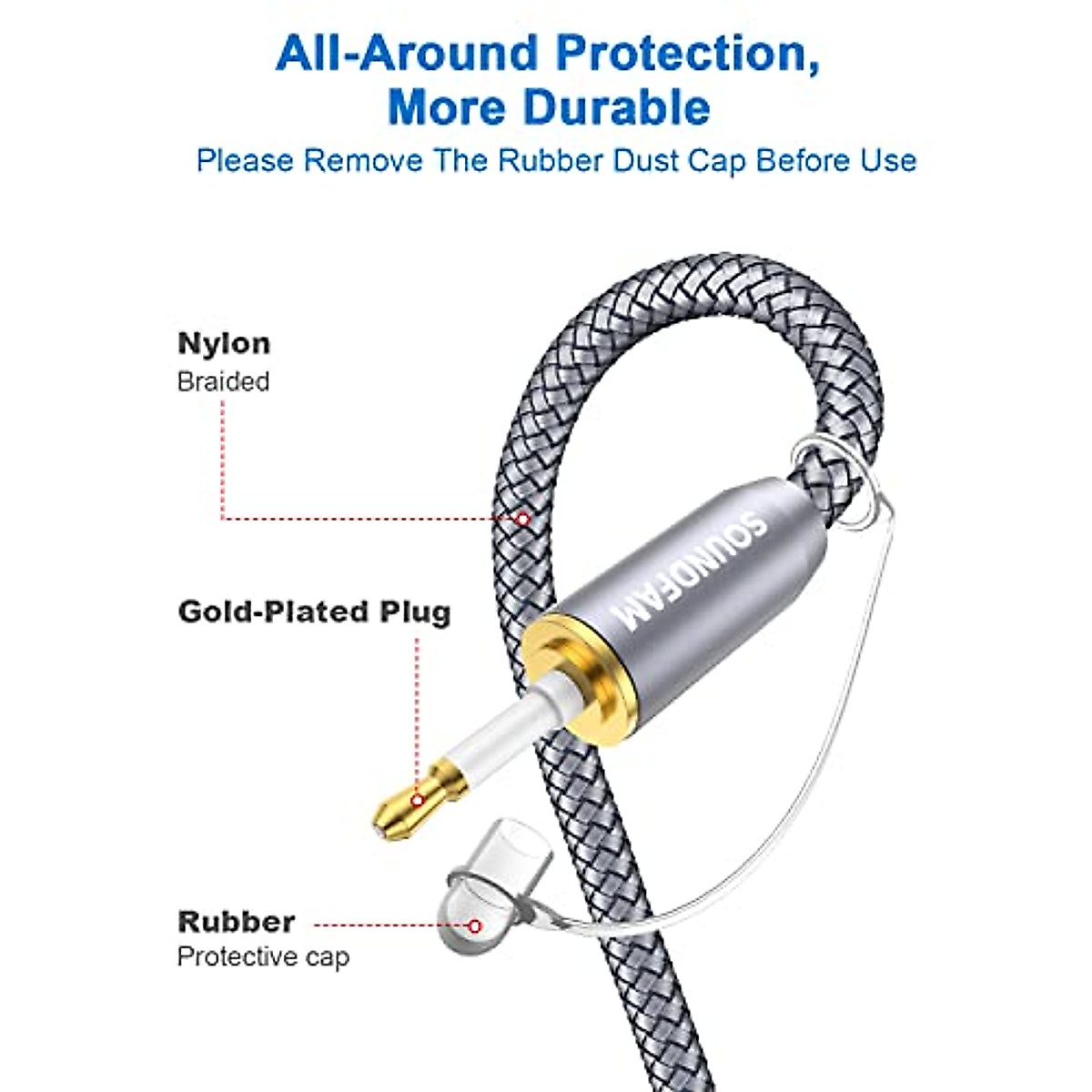 SOUNDFAM Toslink to Mini Toslink Cable Optical Audio Cable Gold-Plated Plug Digital Optical S/PDIF Audio Cable for HDTV,Home Teather,Soundbar-Grey（3.3Feet/1M）