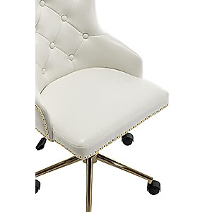 BTEXPERT White PU Leather Golden Base Home Adjustable Tufted Leisure Gold Nail Head Trim Upholstery Bedroom Study Desk Task Accent Arm Tilt Office Chair