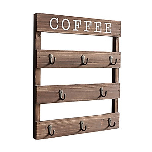 EMAISON Solid Wood Coffee Mug Holder Wall Mounted, Rustic Cup Rack with 8 Hooks Large Space for Big Cups for Kitchen, Home, Coffee Bar Station (Brown)