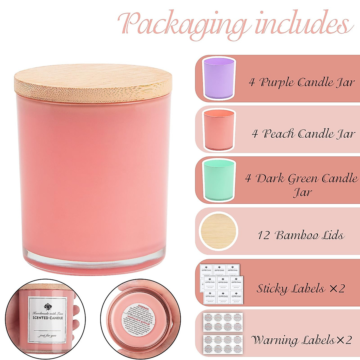 CONNOO 12 Pack 10 OZ Spring Color Glass Candle Jars for Making Candles with Airtight Bamboo Lids Nice Sticky Warning Labels for Candle Making Empty Container Bulk - Dishwasher Safe