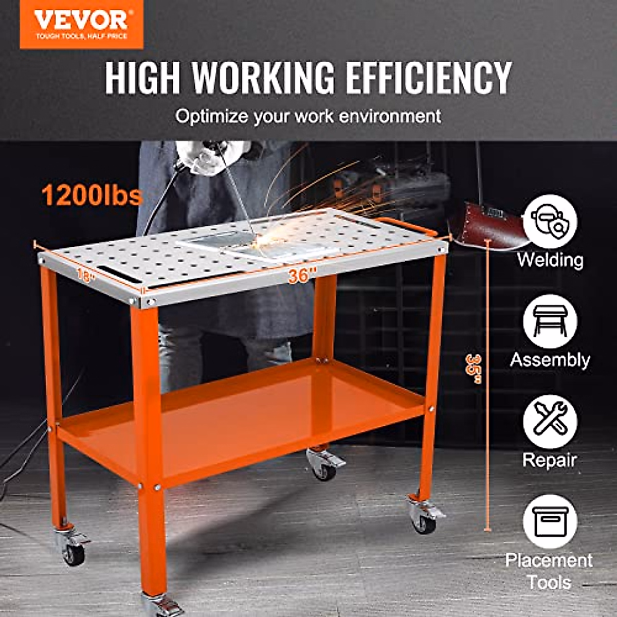 VEVOR Welding Table 36"x18", 1200lbs Load Capacity Steel Welding Workbench Table on Wheels, Portable Work Bench with Braking Lockable Casters, 4 Tool Slots, 5/8-inch Fixture Holes, Tool Tray