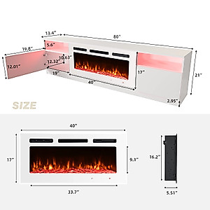 EROMMY 80'' Fireplace TV Stand with 40'' Electric Fireplace, Entertainment Center with 16 Color Led Lights and 12 Flame Fireplace Insert Heater, TV Console for TVs up to 90'' for Living Room, White